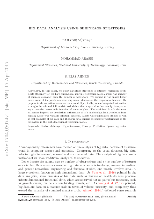 Pdf Big Data Analysis Using Shrinkage Strategies