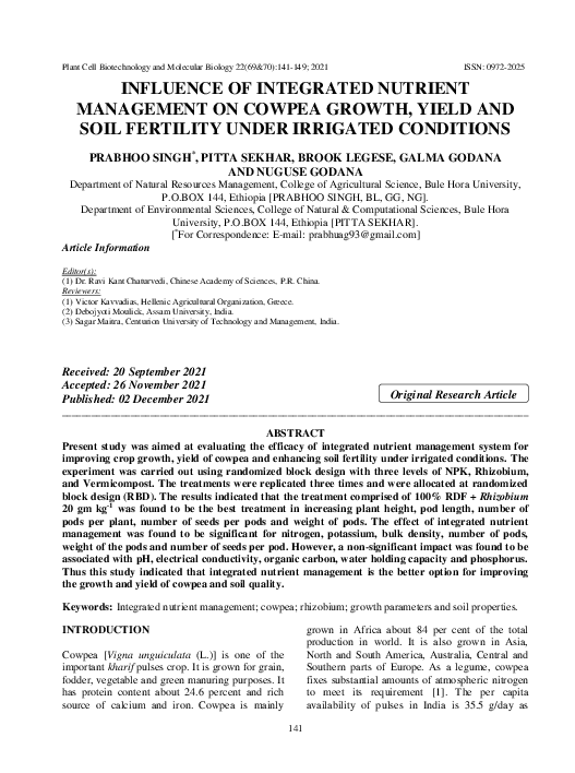 (PDF) INFLUENCE OF INTEGRATED NUTRIENT MANAGEMENT ON COWPEA GROWTH, YIELD AND SOIL FERTILITY ...