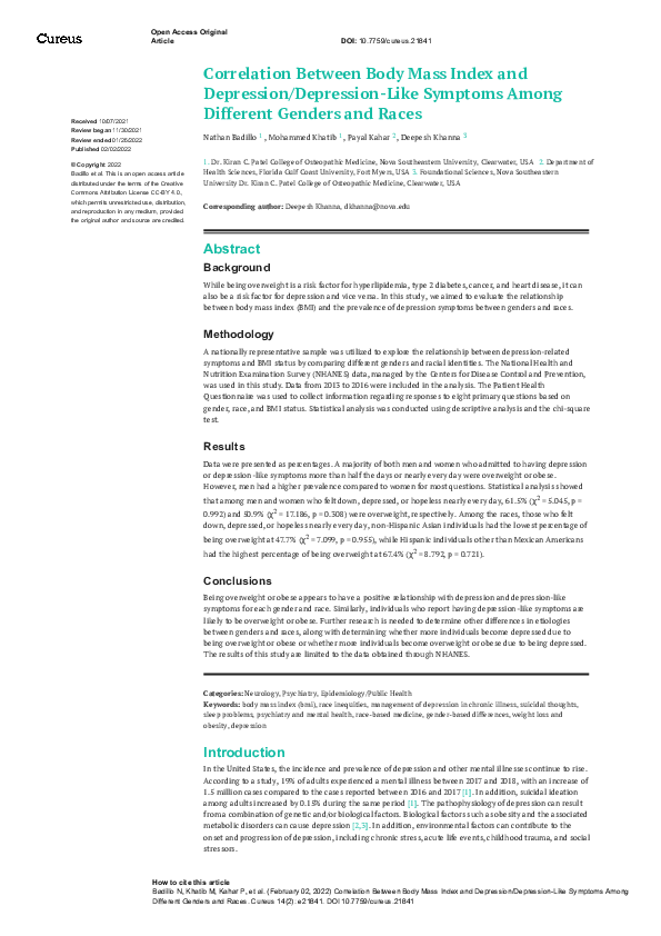 (PDF) Correlation Between Body Mass Index and Depression/Depression-Like Symptoms Among ...