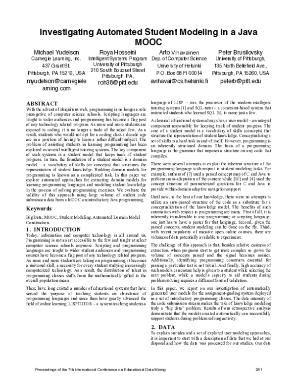 (PDF) Investigating automated student modeling in a Java MOOC | Michael ...