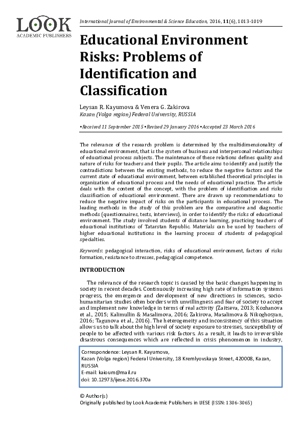 (PDF) Educational Environment Risks: Problems of Identification and ...