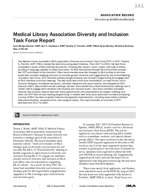 (PDF) Medical Library Association Diversity and Inclusion Task Force Report | JJ Pionke ...