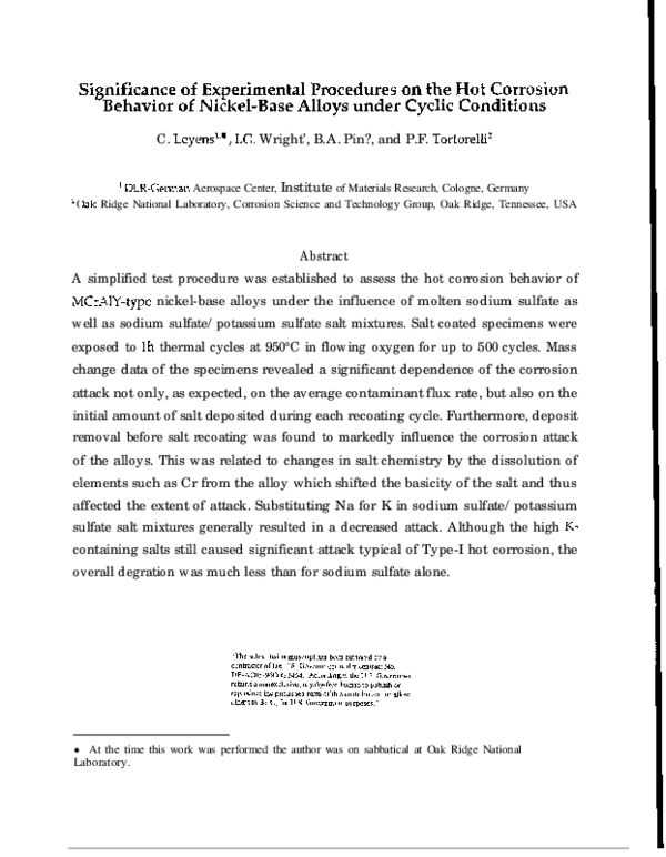 (PDF) Significance of Experimental Procedures on the Hot Corrosion Behavior of Nickel-Base ...
