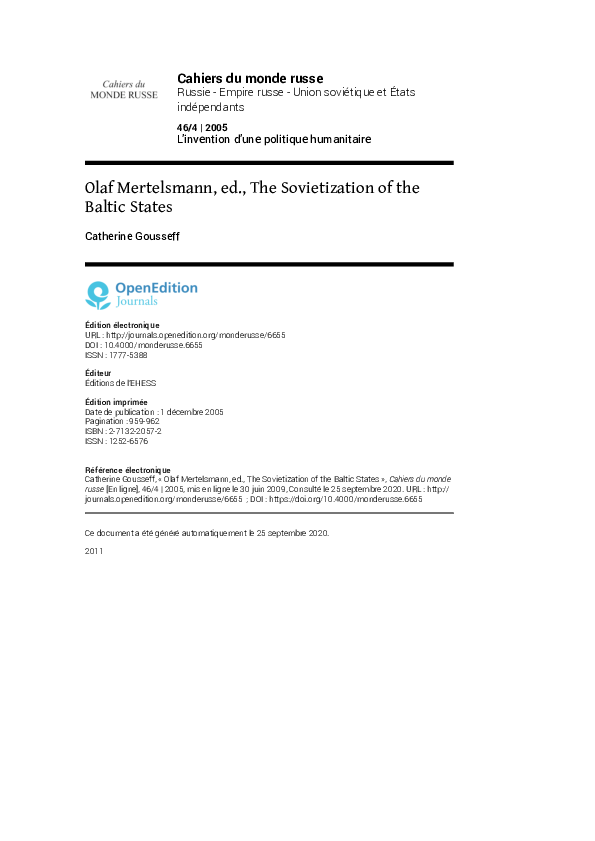 (PDF) Olaf Mertelsmann, ed., The Sovietization of the Baltic States