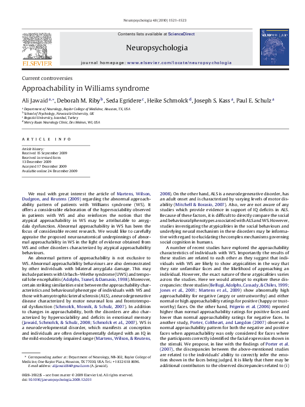 (PDF) Approachability in Williams syndrome