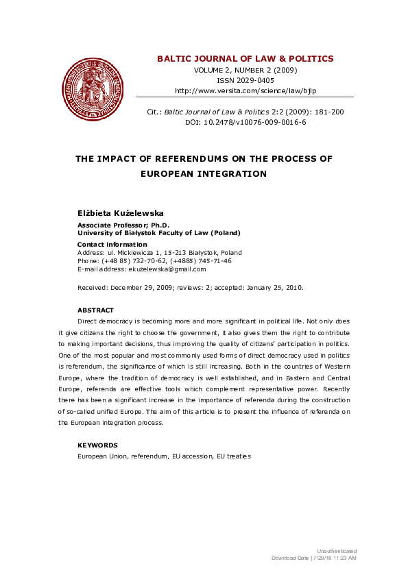 (PDF) The Impact of Referendums on the Process of European Integration
