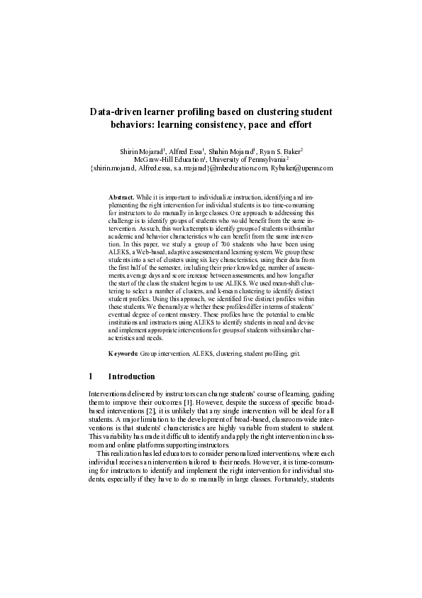 (PDF) Data-Driven Learner Profiling Based on Clustering Student Behaviors: Learning Consistency ...