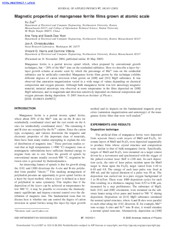 (PDF) Magnetic properties of manganese ferrite films grown at atomic scale