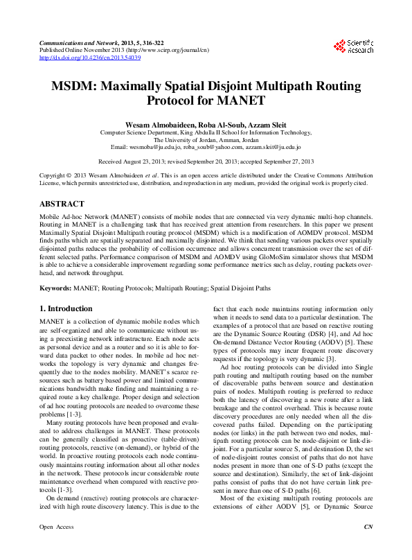 (PDF) MSDM: Maximally Spatial Disjoint Multipath Routing Protocol for MANET