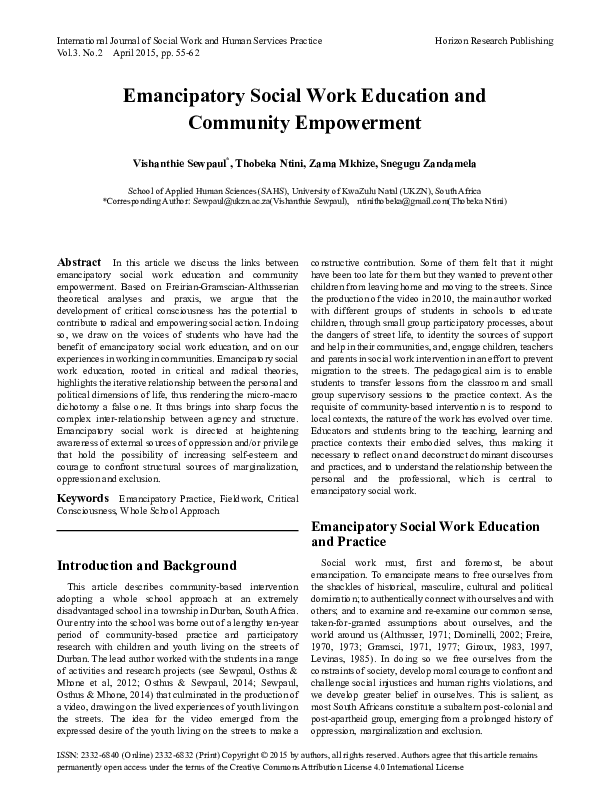 (PDF) Emancipatory Social Work Education and Community Empowerment