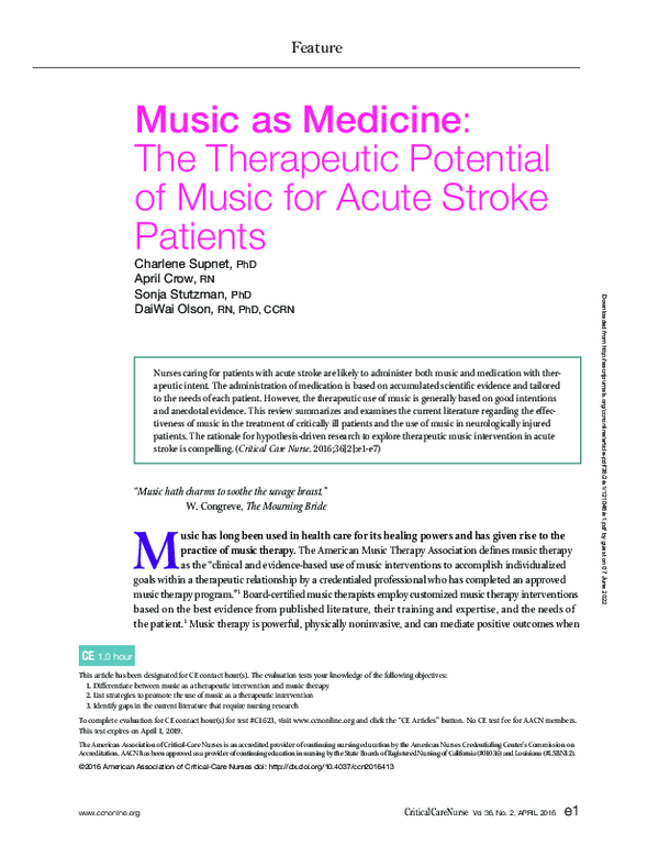 (PDF) Music as Medicine: The Therapeutic Potential of Music for Acute ...