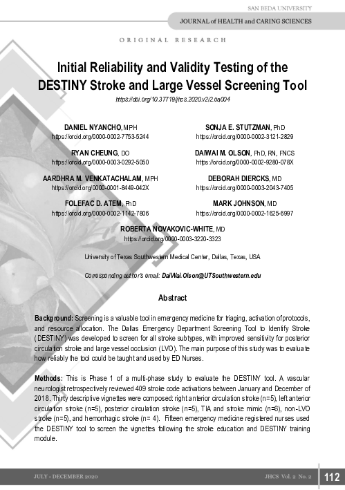 (PDF) Initial Reliability and Validity testing of the DESTINY Stroke ...