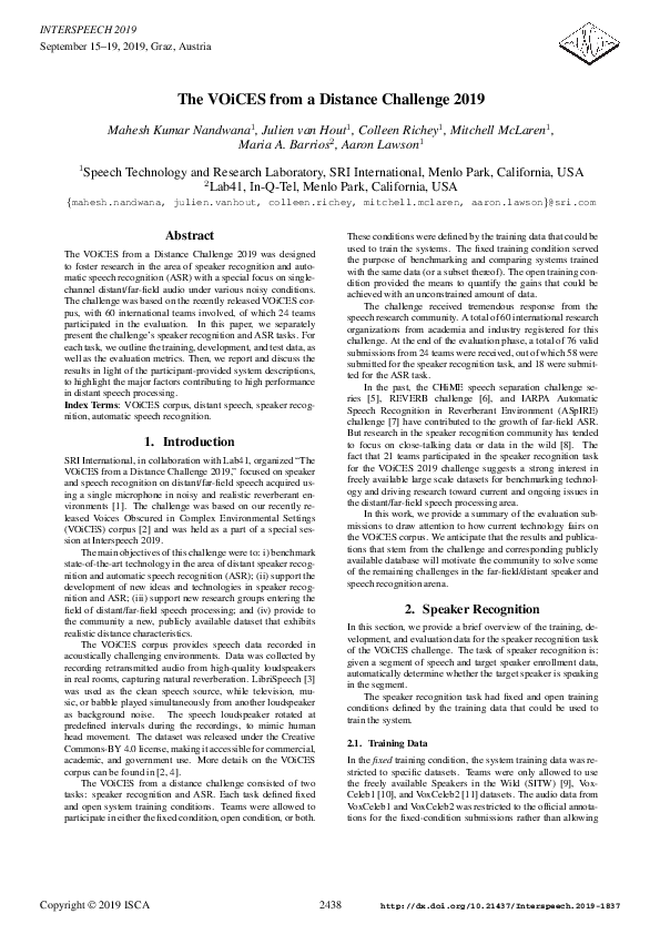 (PDF) The VOiCES from a Distance Challenge 2019