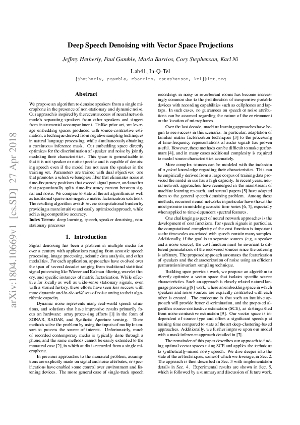 (PDF) Deep Speech Denoising with Vector Space Projections