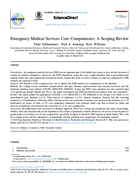 (PDF) Emergency Medical Services Core Competencies: A Scoping Review