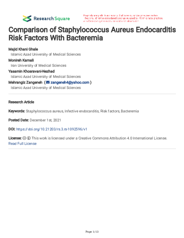 (PDF) Comparison of Staphylococcus Aureus Endocarditis Risk Factors With Bacteremia