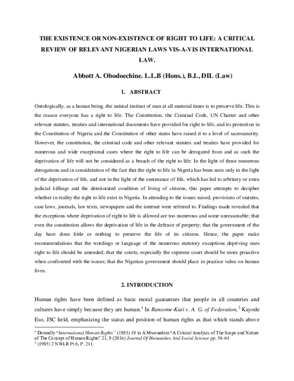 (PDF) THE EXISTENCE OR NON-EXISTENCE OF RIGHT TO LIFE: A CRITICAL
