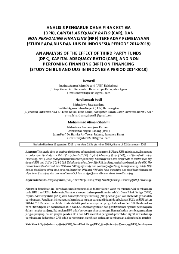 (PDF) Analisis Pengaruh Dana Pihak Ketiga (DPK), Capital Adequacy Ratio (Car), Dan Non Perfoming ...