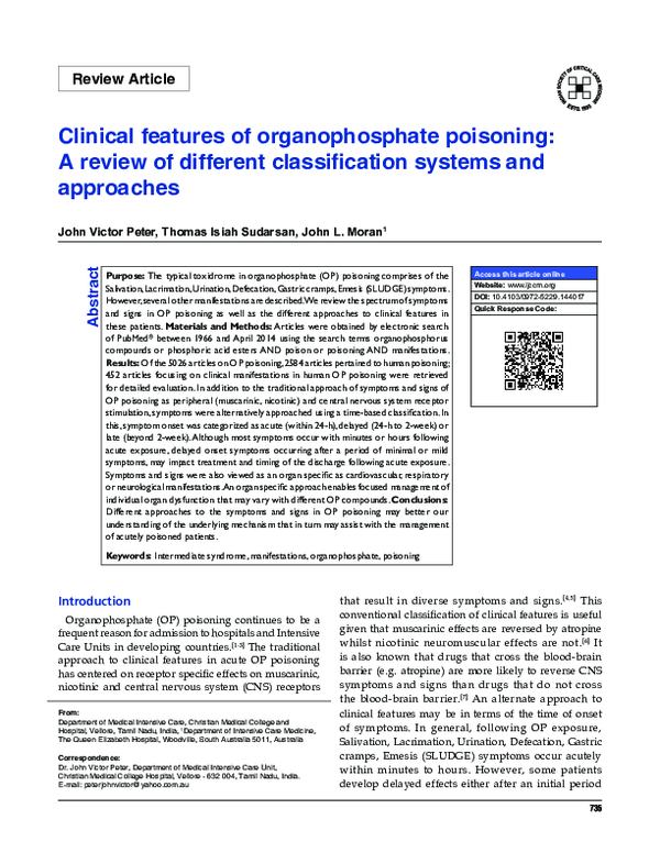 (PDF) Clinical features of organophosphate poisoning: A review of ...