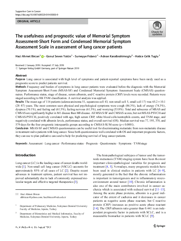 (PDF) The usefulness and prognostic value of Memorial Symptom ...