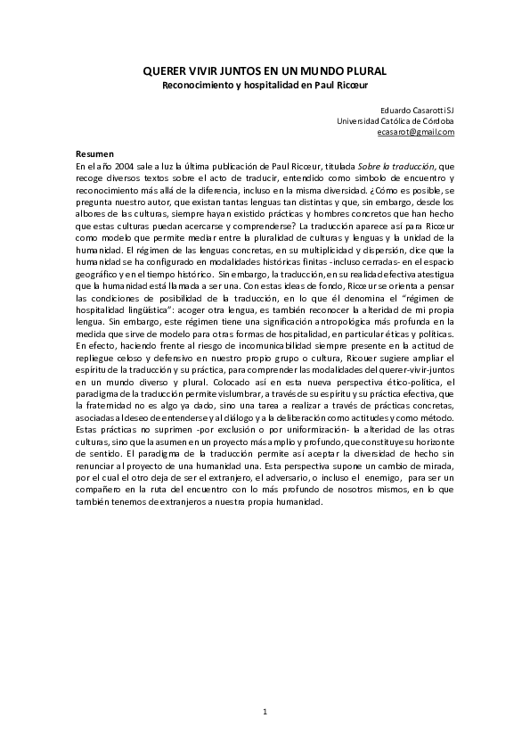 (PDF) Querer vivir juntos en un mundo plural. Reconocimiento y ...