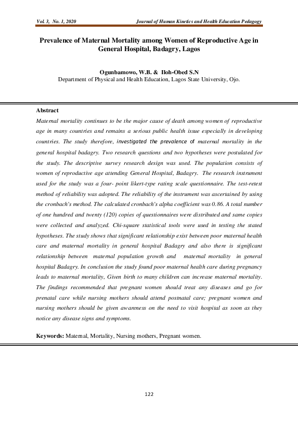 (PDF) Prevalence of Maternal Mortality among Women of Reproductive Age ...