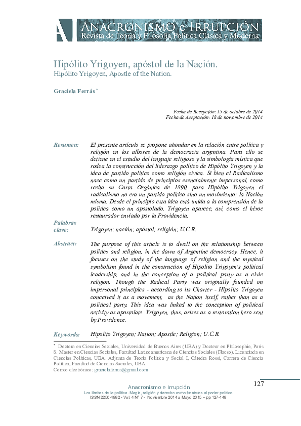 (PDF) Hipólito Yrigoyen, apóstol de la Nación