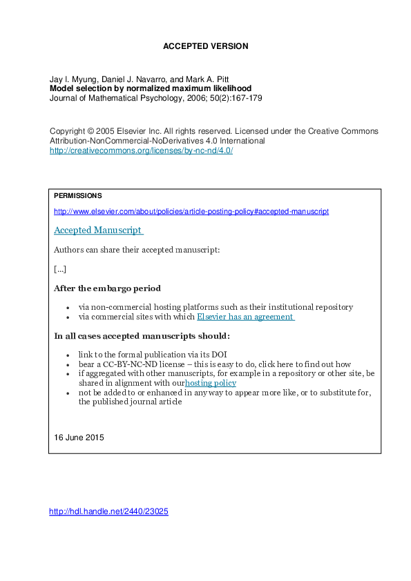 (PDF) Model selection by normalized maximum likelihood | D. Navarro-reyes - Academia.edu