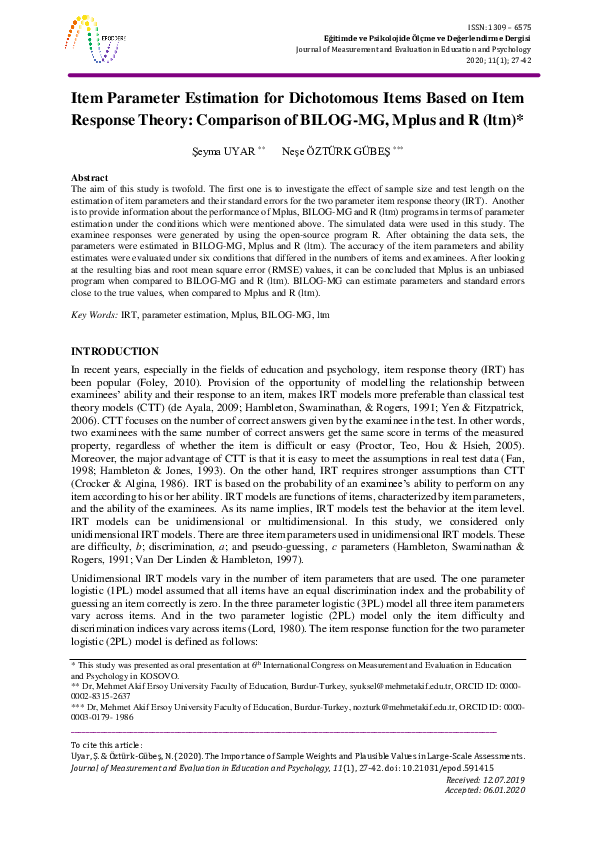 Pdf Item Parameter Estimation For Dichotomous Items Based On Item