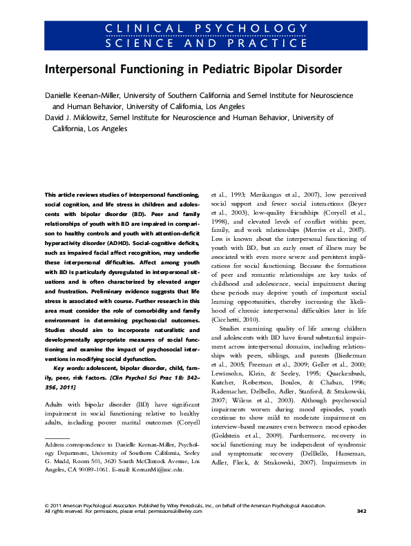 (PDF) Interpersonal Functioning in Pediatric Bipolar Disorder