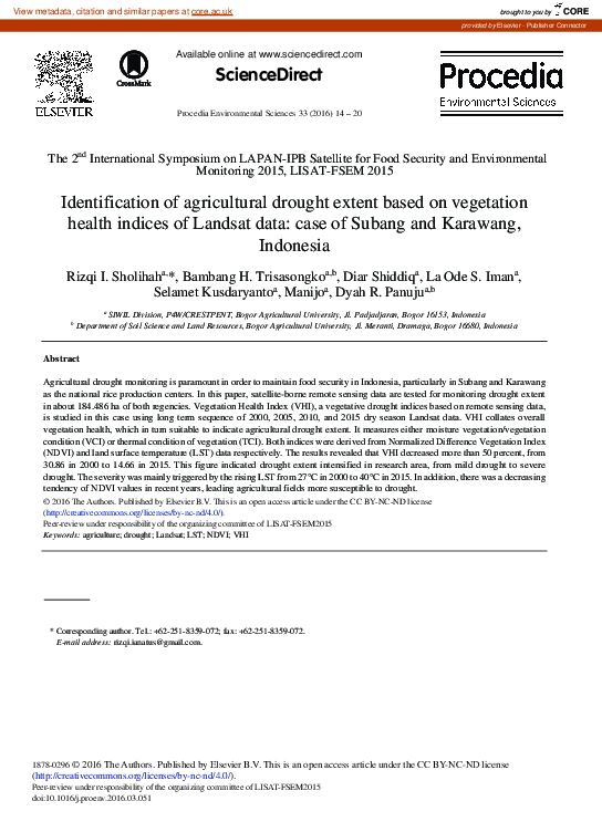 (PDF) Identification of Agricultural Drought Extent Based on Vegetation Health Indices of ...