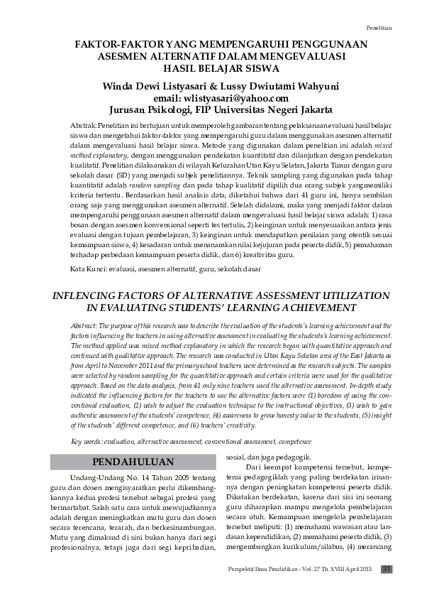 (PDF) Faktor-Faktor Yang Mempengaruhi Penggunaan Asesmen Alternatif Dalam Mengevaluasi Hasil ...
