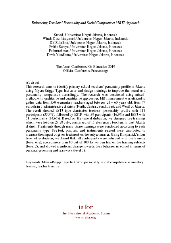 (PDF) Enhancing Teachers’ Personality and Social Competence: MBTI Approach