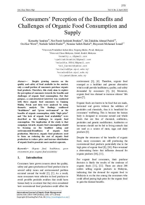 (PDF) Consumers’ Perception of the Benefits and Challenges of Organic Food Consumption and Supply