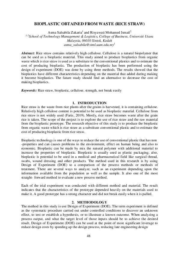 (PDF) Bioplastic obtained from waste (rice straw)