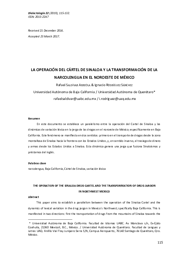 (PDF) La Operaci n Del C rtel De Sinaloa y La Transformaci n De La Narcolengua en El Noroeste De ...