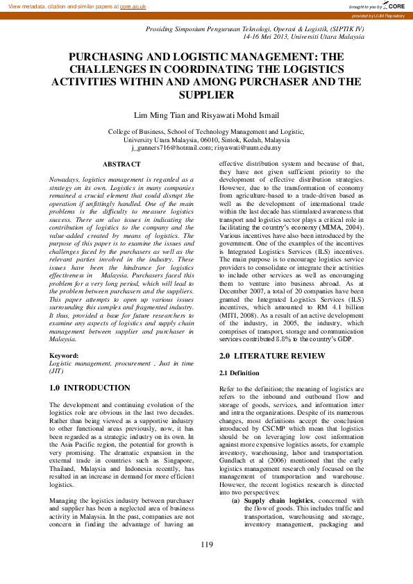 (PDF) Purchasing and logistic management: The challenges in ...
