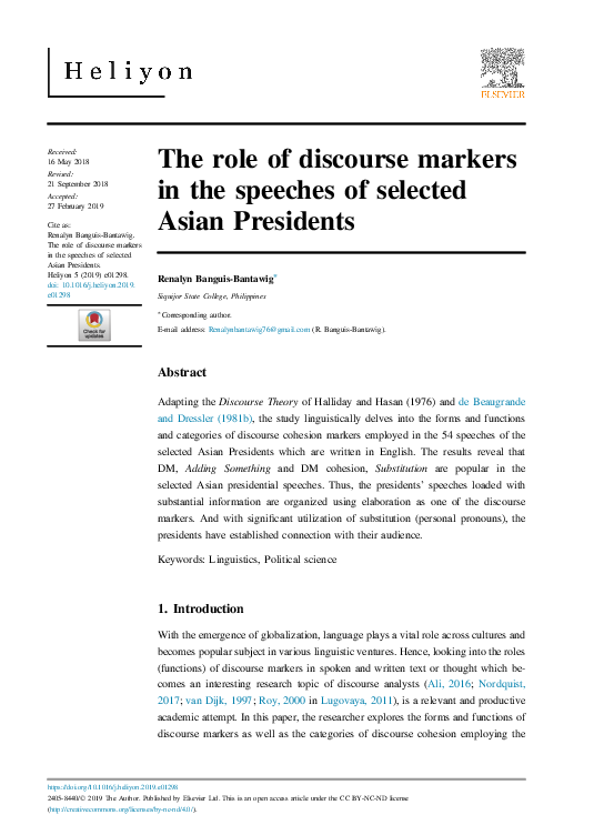 (PDF) The role of discourse markers in the speeches of selected Asian ...