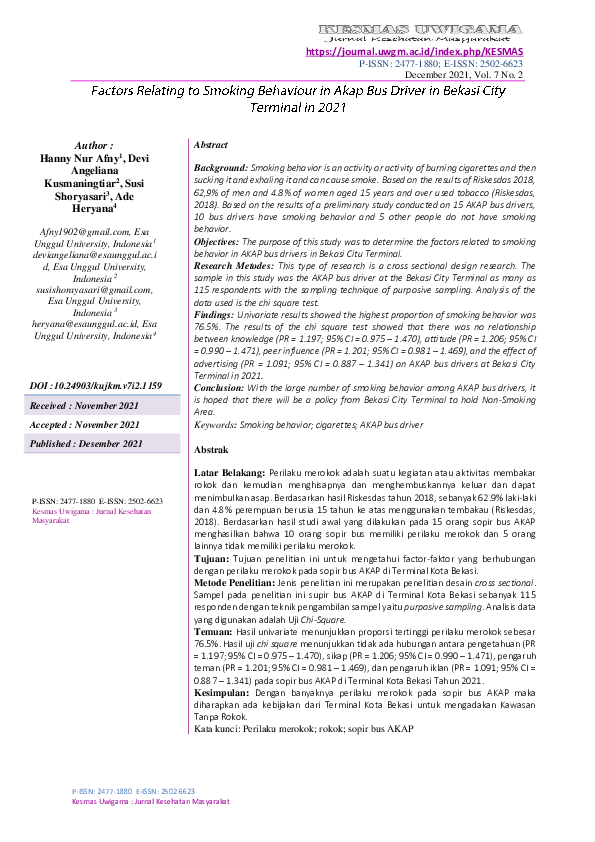 (PDF) Factors Relating to Smoking Behaviour in Akap Bus Driver in ...