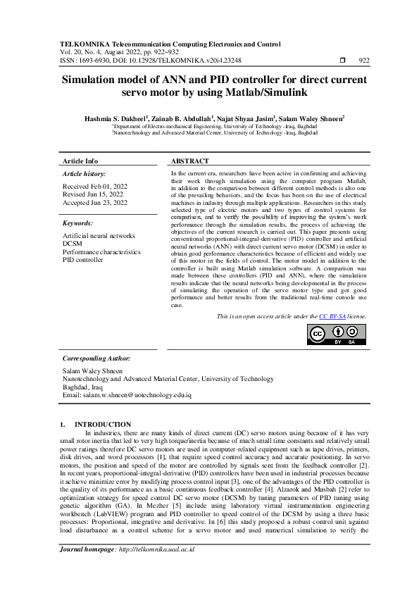 Pdf Simulation Model Of Ann And Pid Controller For Direct Current