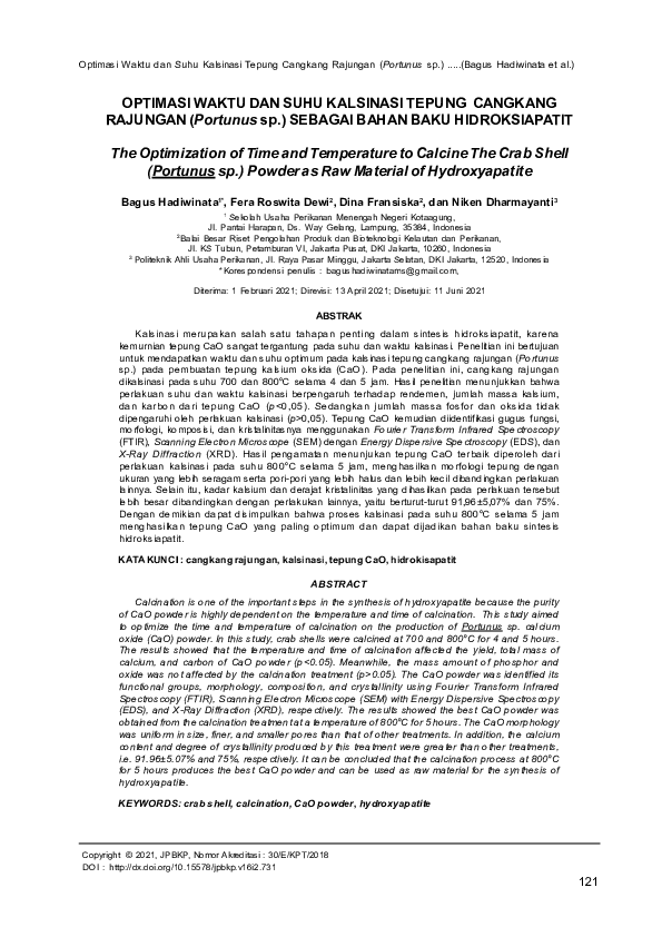 (PDF) Optimasi Waktu dan Suhu Kalsinasi Tepung Cangkang Rajungan ...