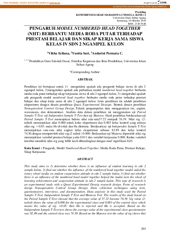 (PDF) Pengaruh Model Numbered Head Together (NHT) Berbantu Media Roda Putar Terhadap Prestasi ...