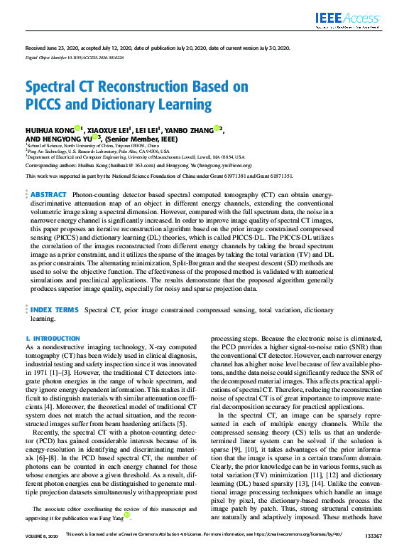 Pdf Spectral Ct Reconstruction Based On Piccs And Dictionary Learning Hengyong Yu