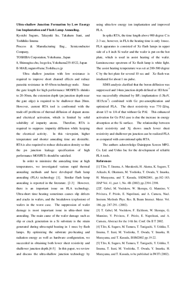 (PDF) Ultra-shallow Junction Formation by Low Energy Ion Implantation ...
