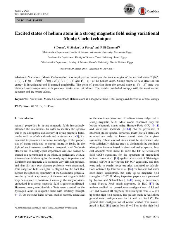 (PDF) Excited states of helium atom in a strong magnetic field using ...