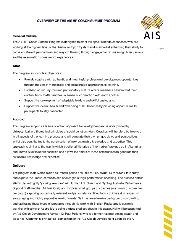 (PDF) OVERVIEW OF THE AIS HP COACH SUMMIT PROGRAM General Outline