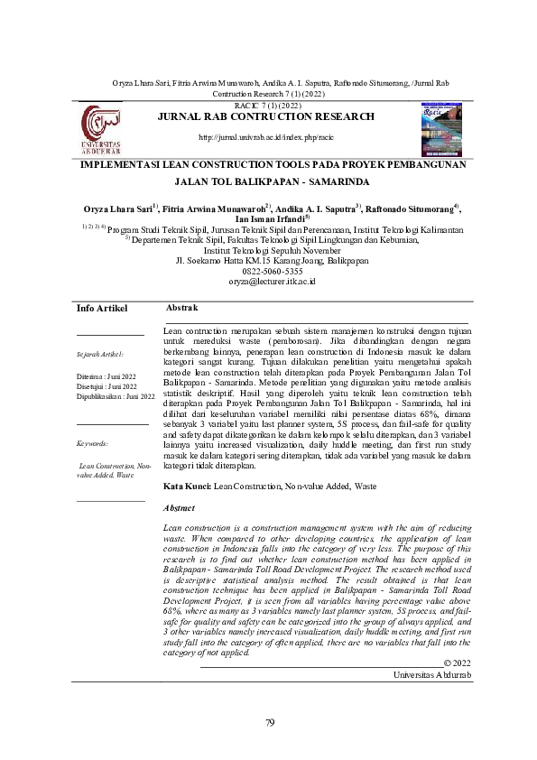 (PDF) Implementasi Lean Construction Tools Pada Proyek Pembangunan Jalan Tol Balikpapan - Samarinda