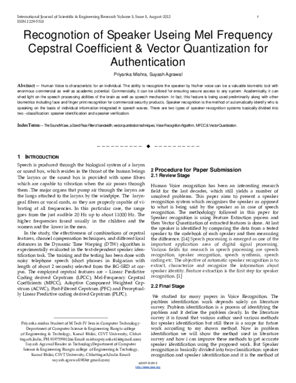 (PDF) Recognotion of Speaker Useing Mel Frequency Cepstral Coefficient & Vector Quantization for