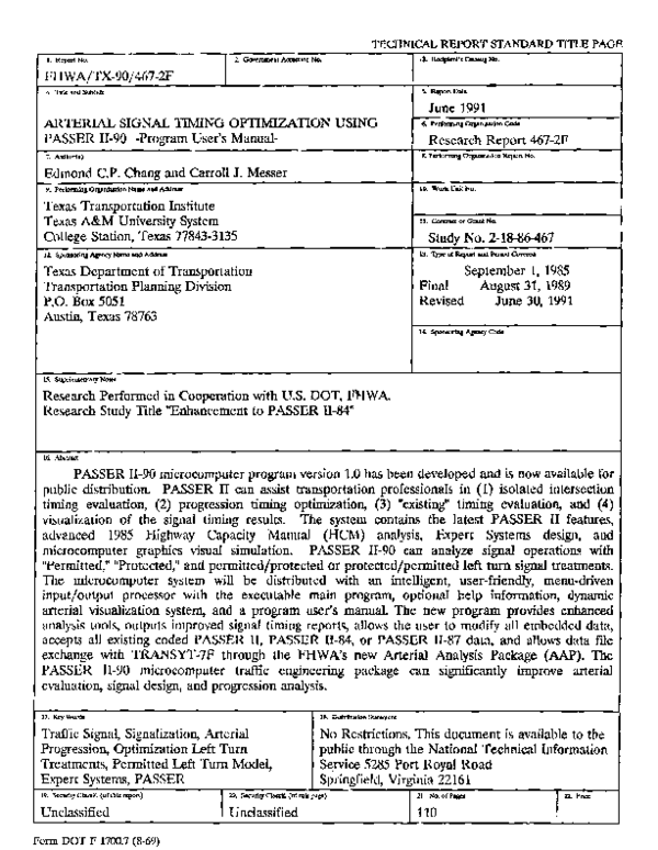 (PDF) Arterial Signal Timing Optimization Using Passer Ii-90: Program User's Manual