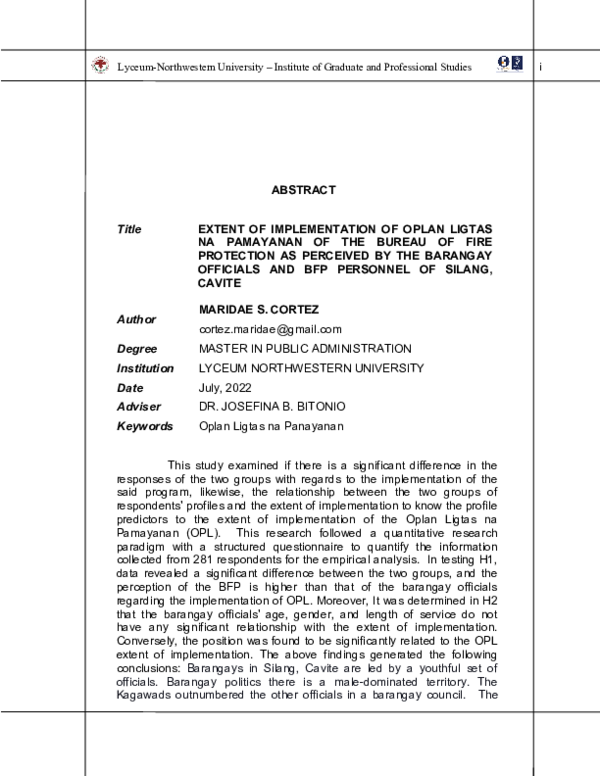 (DOC) EXTENT OF IMPLEMENTATION OF OPLAN LIGTAS NA PAMAYANAN OF THE ...